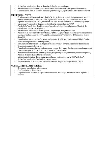Fiche de poste : Responsable Centre régional de Pharmacovigilance - CRPV